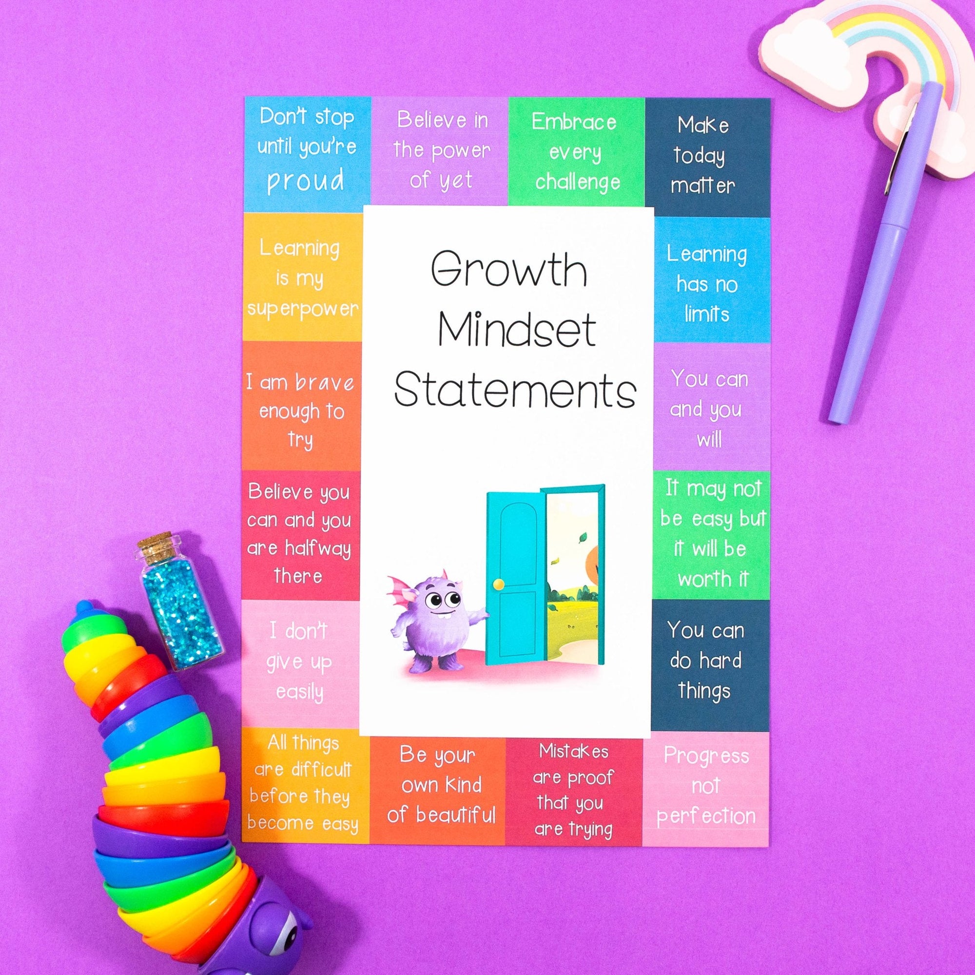 Growth Mindset Poster & Activities Pack + Quiz & Goal Setting Bunting