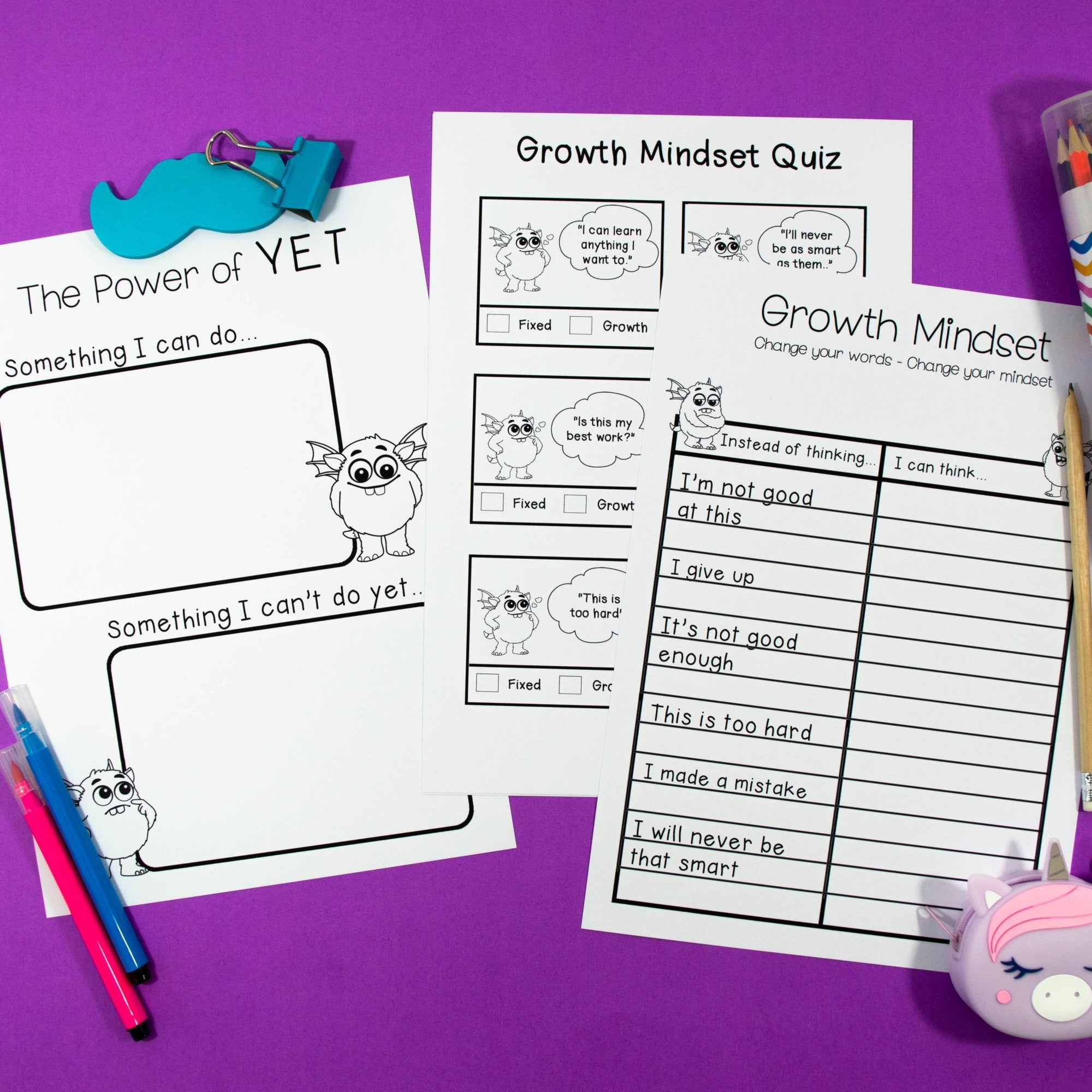 Growth Mindset Poster & Activities Pack + Quiz & Goal Setting Bunting