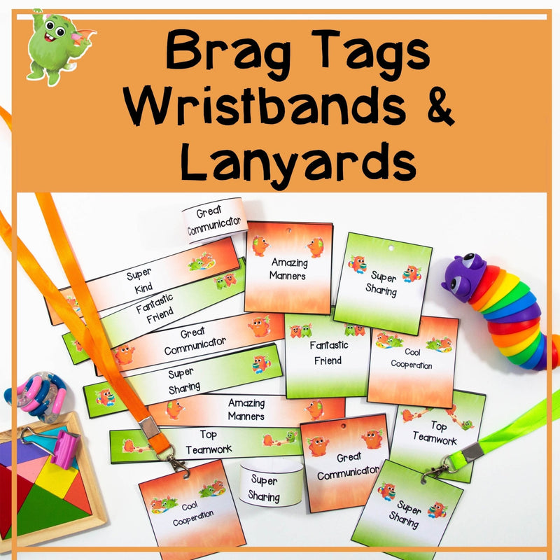Printable Brag Tags Lanyards and Wristbands - Orange and Green
