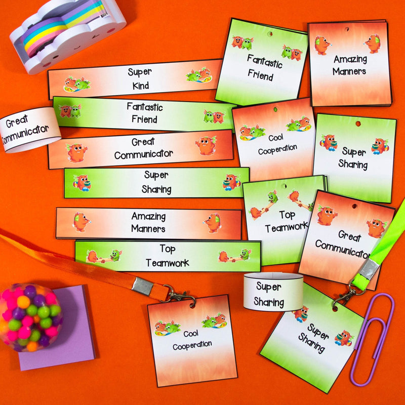 Printable Brag Tags Lanyards and Wristbands - Orange and Green